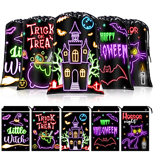 Blosssound 72 Pcs Halloween Drawstring Treat Bags Black Neon Candy Bags Trick or Treat Goody Bags Halloween Shining Plastic Goodie Gift Bags for Halloween Party Favors