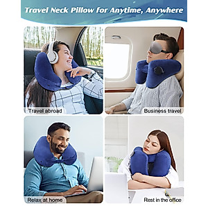 JefDiee Neck Pillows for Travel, Travel Pillow for Neck, Chin, Head Support, Airplane Pillow with Soft Washable Velour Cover, Hat, Portable Luxury Bag, 3D Sleep Mask and Earplugs (Blue)