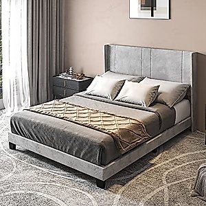 YITAHOME Upholstered Wingback Platform Bed with Headboard, Bed Frame with Wood Slat, No Box Spring Needed, Mattress Foundation (Queen), Grey