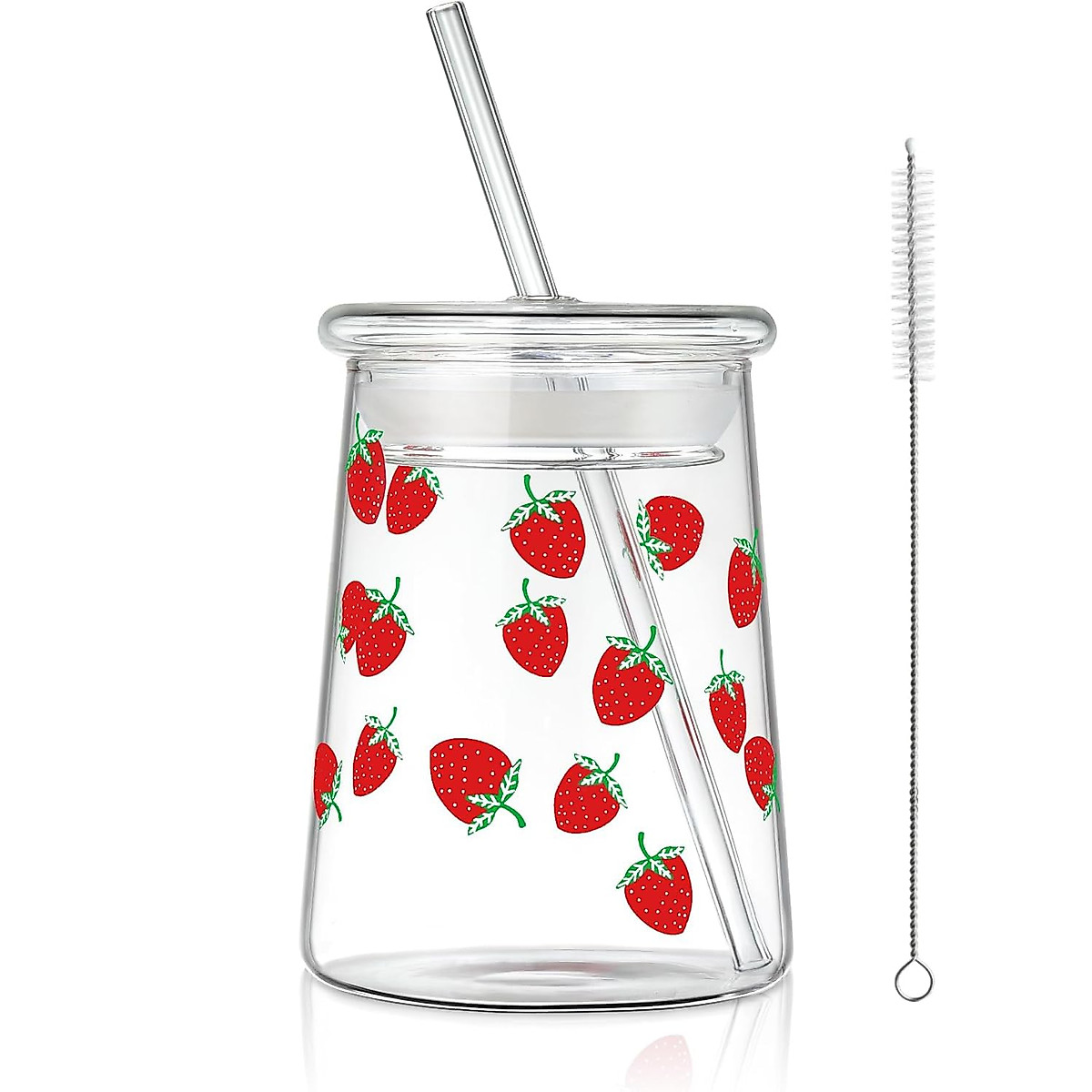Joeyan Glass Tumbler with Lid and Straw,Iced Coffee Cups with Red Strawberries Pattern,Clear Cute Drinking Jars,Water Juice Beverages Soda Glasses,20 oz