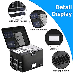 Upgraded File Box with Lock, Fireproof Document Box File Cabinet File Organizer Box with Water-Resistant Zipper & Adjustable Handle, Collapsible Filing Cabinet for Hanging Letter/Legal Folder (Black)