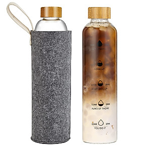 ZEBEIYU 32oz Glass Water Bottle,Borosilicate Glass Drinking Bottles with Time Marker,Bamboo lids,Felt Sleeve,Dishwasher Safe,Reusable,Leak-Proof,BPA Free for Office,Sports,Gym,Travel (Pack1)