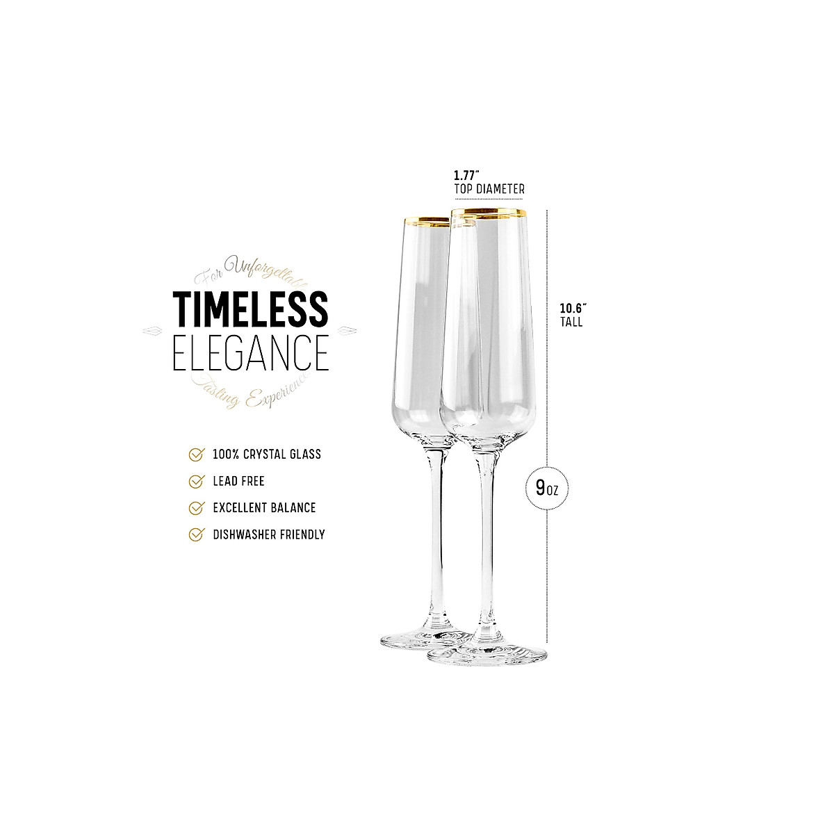 Gold Rim Champagne Gift Glasses | Set of 2 | Crystal Square Toasting Flutes for Bride and Groom, Wedding, Anniversary, Birthday | Elegant Long Stemmed Glassware for Sparkling Wine, Prosecco