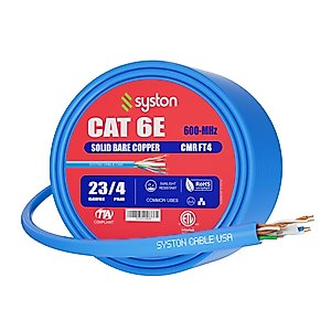 Syston Cable Technology Cat 6E Ethernet Network Cable - 100 FT，600MHz 23AWG Solid Bare Copper Wire Outdoor/Indoor, Bulk No Ends 10 Ft to 1000 Ft Available, Heat Resistant Riser Rated - CMR
