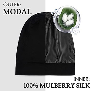 OLESILK Mulberry Silk-Bonnet for Curly Hair, Silk Hair Bonnet for Men Sleeping, Silk Sleep Cap Hair Warp for Medium or Short Frizzy Hair, Unisex, Black