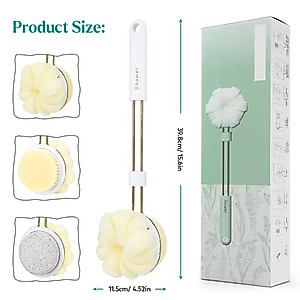 3 in 1 Bath Body Brush - Long Handle Back Scrubber for Shower, Double Side Shower Brush with Pumice Stone, Bristles and Loofah, Exfoliating Body Brush Set for Men and Women Exfoliate Massage