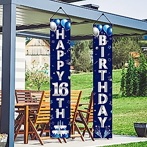 Blue Silver 16th Birthday Door Banner Decorations, Happy 16 Birthday Party Porch Sign Supplies for Boys, Sweet 16 Year Old Birthday Party DéCor