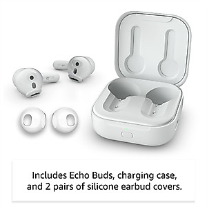Amazon Echo Buds (newest model), True Wireless Bluetooth 5.2 Earbuds with Alexa, audio personalization, multipoint, 20H battery with charging case, fast charging, sweat resistant, Glacier White
