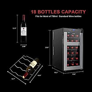 maisee Wine Fridge Dual Zone,18 Bottles Wine Cooler Refrigerator Chiller Upper Zone 46f-54f Lower Zone 54f-65f for Red White Wine Champagne in Home Office Bedroom Countertop （18 Bottles,Black