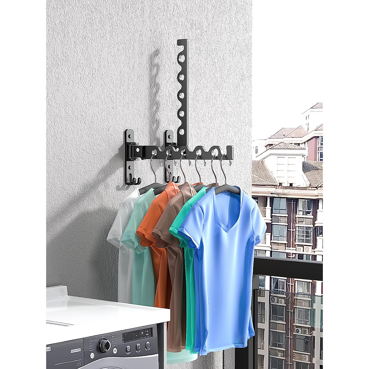 Dr.DJ Wall Hanger for Clothes, Coat Hanger Wall Mounted Matte Black Retractable Clothes Drying Organizer Rack Garment Hooks Aluminium Folding Indoor Wall Hanger Space Saver (2 Racks) Black