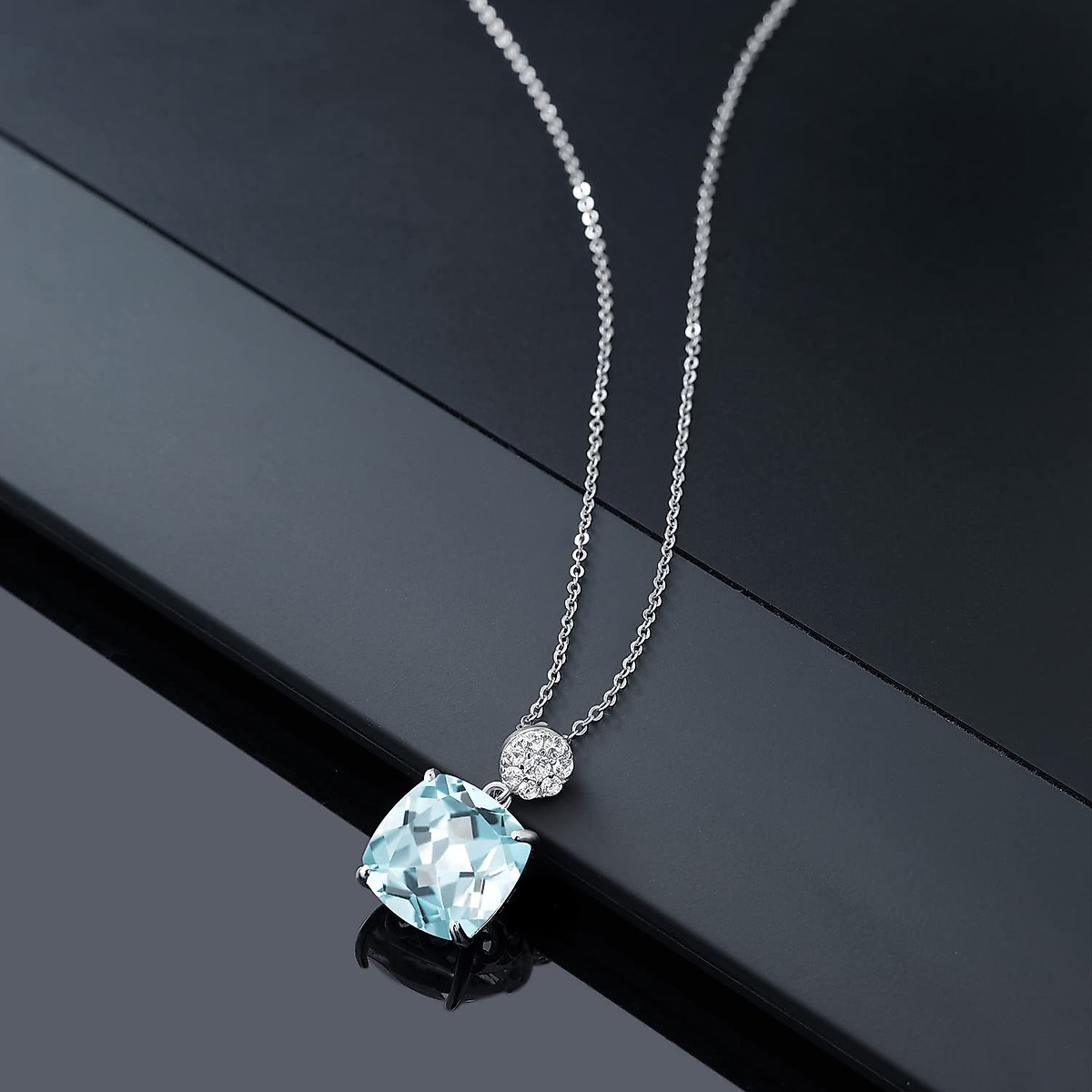 Gem Stone King 925 Sterling Silver Sky Blue Simulated Aquamarine Pendant Necklace For Women (6.32 Cttw, Cushion Cut 12MM, with 18 Inch Silver Chain)