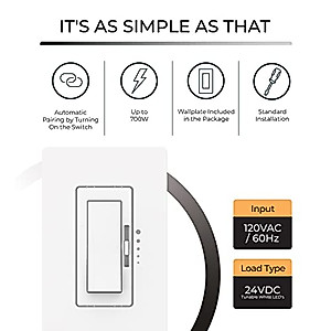 HitLights DimTech Smart Dimmer Switch for LED Lights, Controls DriveTech LED Dimmable Drivers Wirelessly, Works with Alexa and Google Home, Neutral Wire Required, Loads 700W, White Faceplate Included