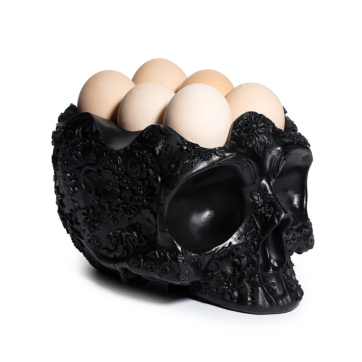 GUTE Skull Egg Holder Container Bowl 6" H Half Dozen Decorative Halloween Egg Keeper Storage Display Organizer Serveware Breakfast Serving for Countertop, Kitchen, Decor Skeleton Trick Or Treat