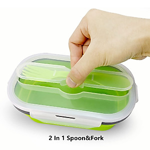 EcoMorning Green Silicone Lunch Container Bento Lunch Box Collapsible Food Storage Container with Airtight Lid and Fork, Ideal For Lunch, Camping, 800ML