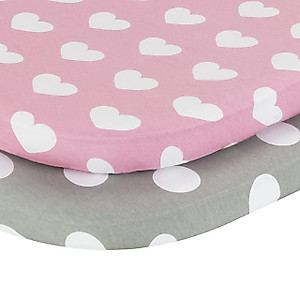 2-Pack Bassinet Sheets - 100% Cotton Jersey Knit Hearts and Dots Bassinet Mattress Pad Fitted Sheets for Baby Girl; Compatible with Bassinet Bedside Co-Sleeper Lounger Brands; Oval Rectangle Mattress