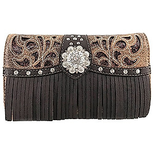 Justin West Rhinestone Concho Western Laser Cut Tooled Wristlet Wallet Shoulder Handbag Purse (Brown Purse and Wallet)