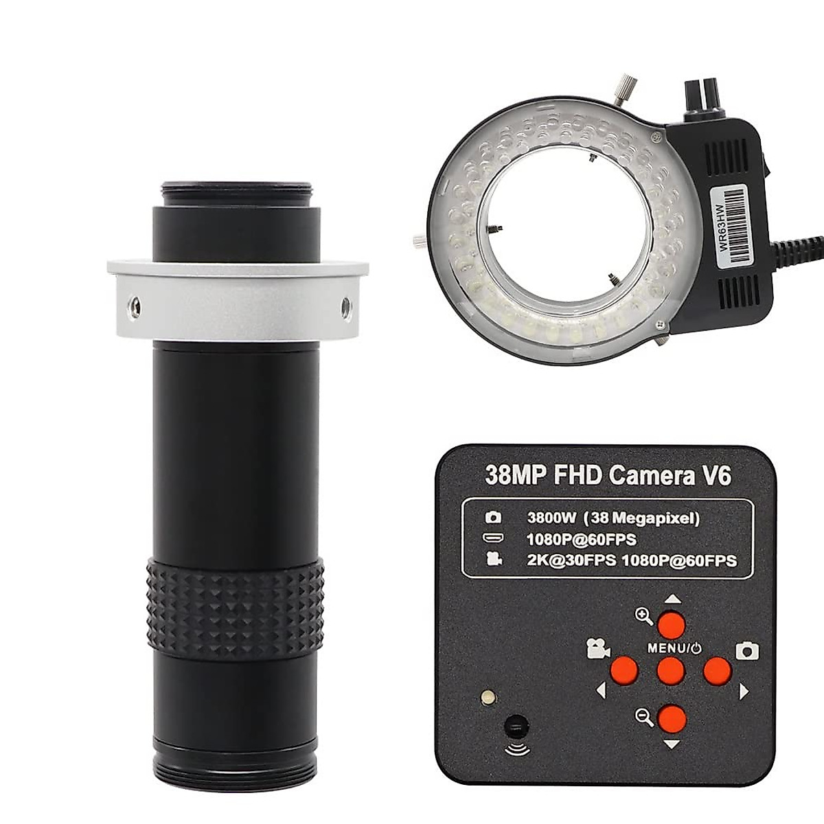 Handheld Digital Microscope Accessories 38MP 1080P 60FPS HDMI USB Industrial Digital Electronic Video Microscope Camera 120X C Mount Lens w/56 LED Ring Light Illuminator Microscope Accessories (Color