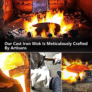 HOUSHIYU-521 Cast Iron Wok, Hand Hammered Nonstick Uncoated Wok, Heavy Duty Iron Wok with Commercial Grade Handle, More Size To Choices, Round Bottom Wok,36cm/14.2in