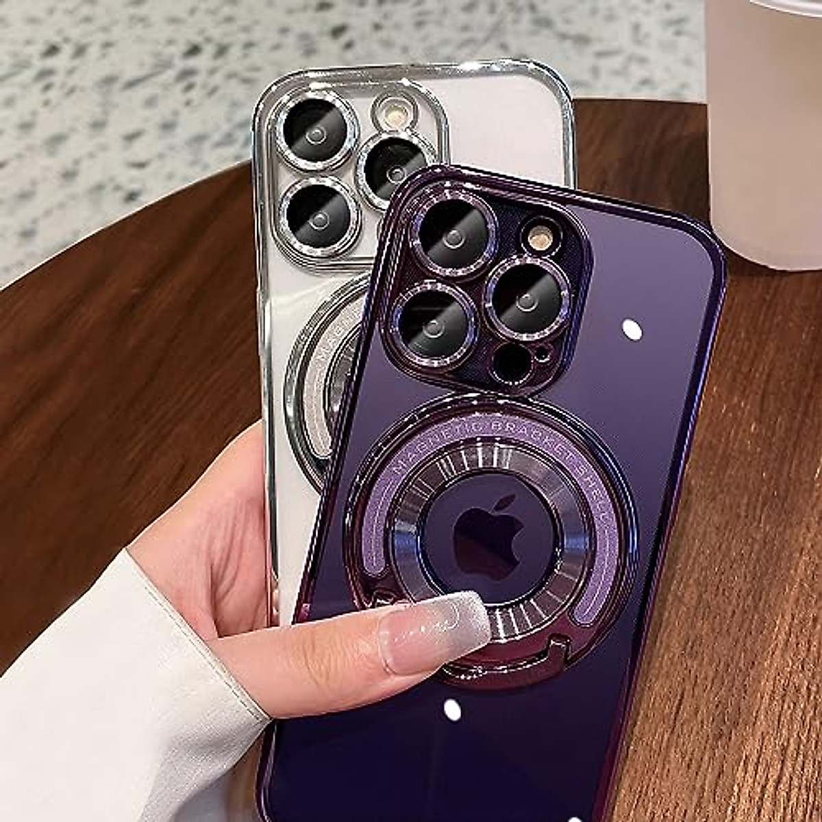 Uioeua Compatible with iPhone 14 Pro Max Magnetic Clear Kickstand Case,Luxury Plating Transparent Bracket MagSafe Case with Full Camera Lens Protector for iPhone 14 Pro Max-Sky Blue