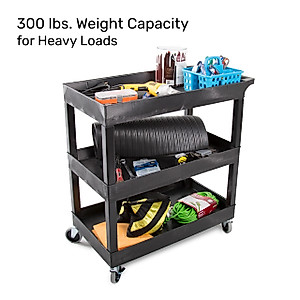Stand Steady Tubstr 3 Shelf Utility Cart | Heavy Duty Service Cart Supports Up to 400 lbs | Tub Cart with Deep Shelves | Great for Warehouse, Garage, Cleaning, Office & More (32 x 18 / Black)