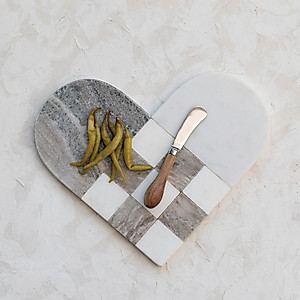 Creative Co-Op Marble Heart Shaped Charcuterie Canapé Knife, White and Grey Cheese/Cutting Board, Gray