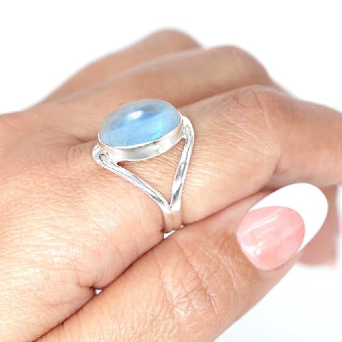 JEWELOPORIUM White Rainbow Moonstone Genuine 925 Silver Ring for Women Gemstone Handmade Silver Ring Size 8 Birthday Gift Cocktail Jewelry