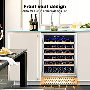 Tylza 24 Inch Wine Cooler Refrigerator 51 Bottle Built-in or Freestanding 24'' Fridge with Stainless Steel & Double Layer Tempered Glass Door and Temperature Memory Function
