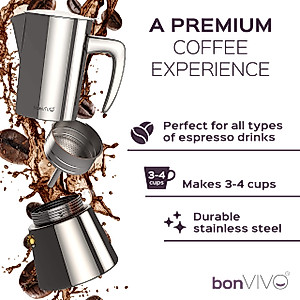 bonVIVO Intenca Stovetop Espresso Maker - Luxurious, Stainless Steel Italian Coffee Maker for Camping or Home Use - Makes 2 Cups of Full-Bodied Coffee - Chrome, 6.8 oz