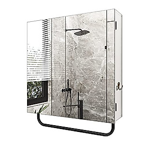 HLR Medicine Cabinet with Mirror, Wall Mounted with Removable Towels Bar and Side Hook, Mirror Cabinet for Bathroom, Living Room, Bedroom