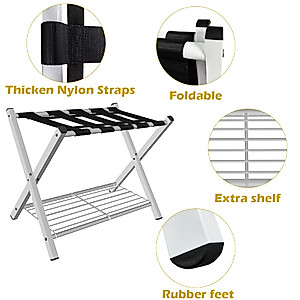 mocomax 1 Pack Folding Luggage Rack for Guest Room, Foldable Suitcase Stand Holder with Metal Storage Shelf for Bedroom, Living Room, Hotel Essentials, Heavy Duty Steel Frame, White