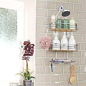 Hanging Shower Caddy, Stainless Steel Bathroom Hanging Shower Organizer Rack Basket, Rustproof Bamboo Basket with Hooks for Towels, Soap, Shampoo, shower accessories, Silver