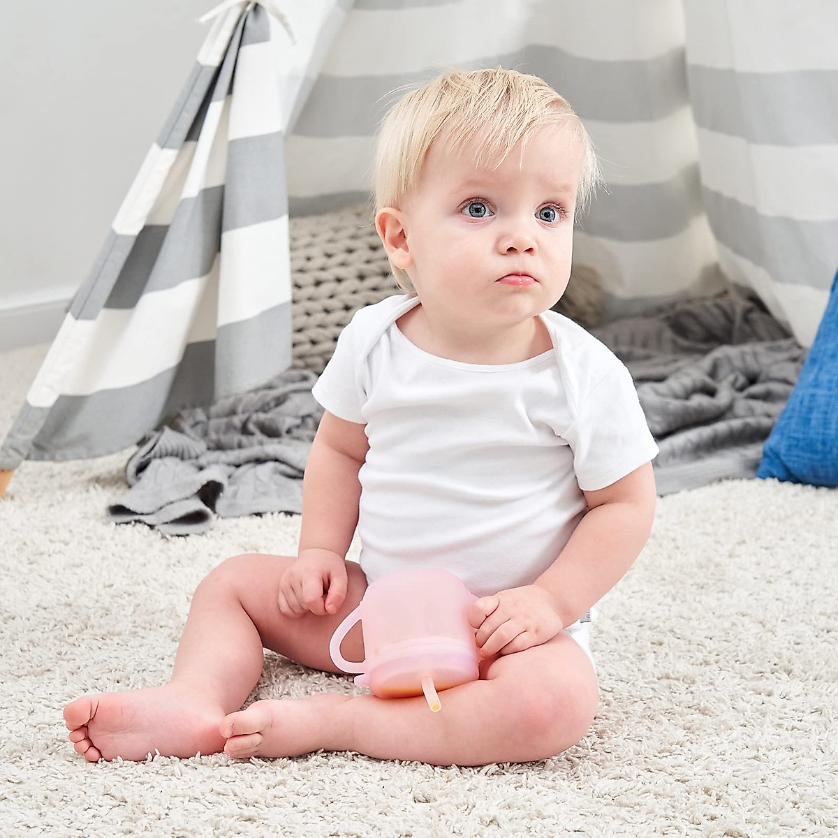 VRCIT Silicone Sippy Cups for Baby, Toddler Training Cup with Handles and Spout Lid, Infants Spill Proof Straw Cup 7oz, Grip for Babies 6-12 months and Toddlers 1-3 years 7 Oz/200ml (Pink)