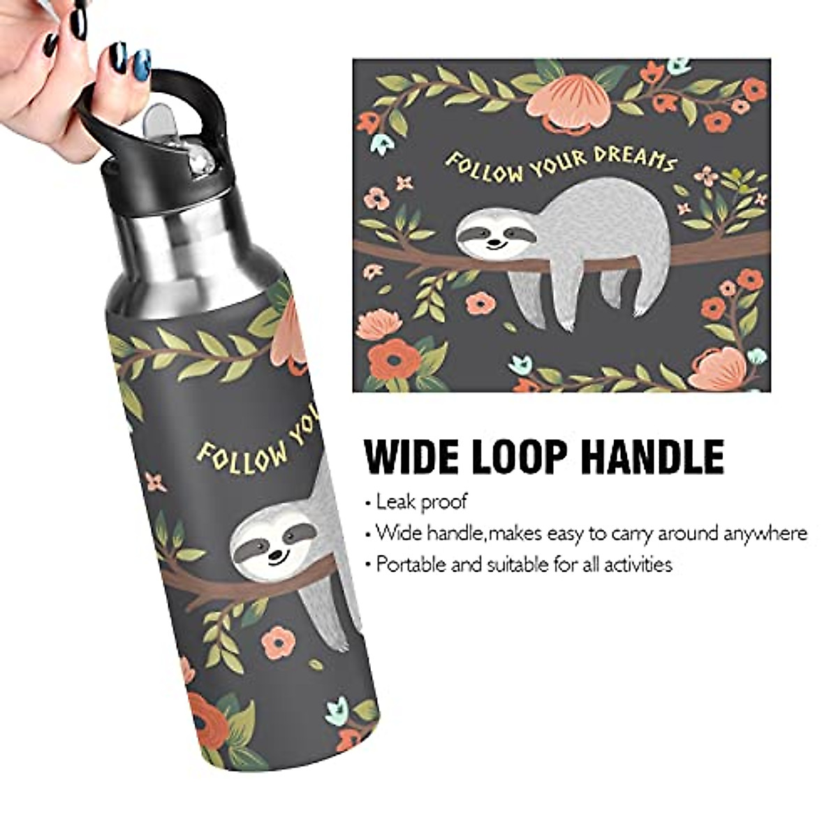 Kids Sloth Insulated Water Bottle with Straw Lid & Handle Reusable Vacuum Stainless Steel for Girls