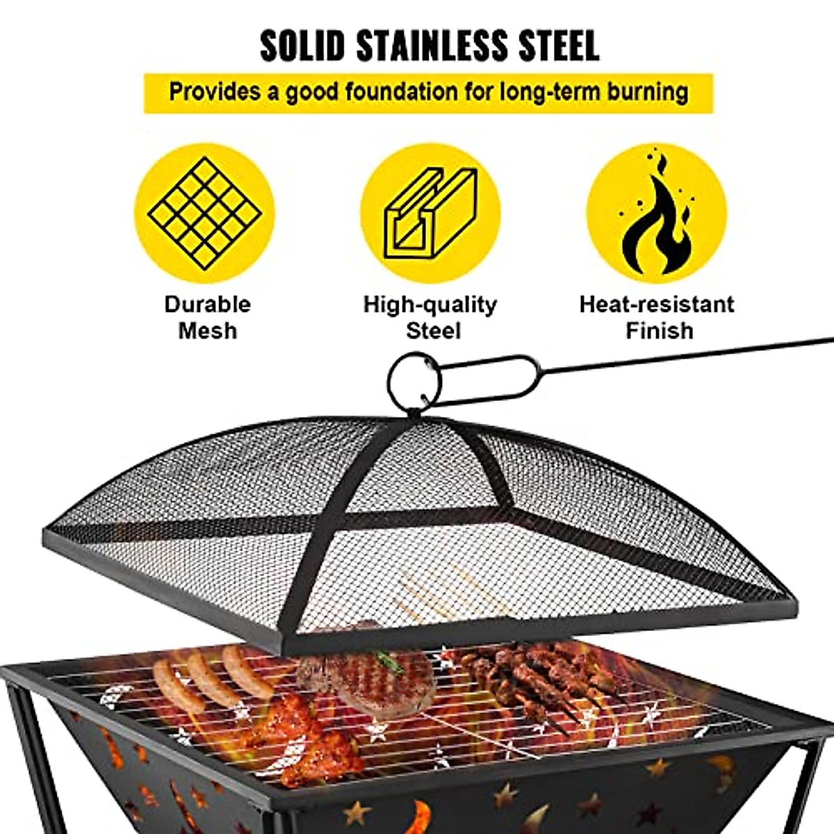 VEVOR BBQ Grill Fire Bowl, 24"x24" Wood Burning Pit, Solid Steel Wood Fire Pits, Wood Fire Pits Outdoor w/Spark Screen Cover, Fire Pits for Outside w/Stainless Steel Baking Net for Baking & Warming