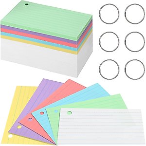 Epakh 300 Pieces Back to School Index Cards 180 GSM Thick Flashcards with Rings Punched Index Flashcards on a Ring Ruled Note Cards for Adults Home(3 x 5 Inch,Light Color)
