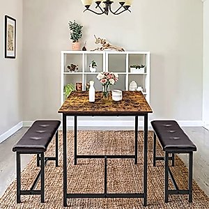 IDEALHOUSE Dining Room Table Set, 3 Piece Dining Table Set for 4 with 2 Benches, Kitchen Table Set with Heavy Duty Metal Frame, Rectangular Kitchen Table for Small Space, Apartment, Rustic Brown