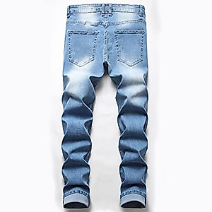 Men's Jeans Slim Fit Tapered Leg Ripped Stretch Flex Pants Skinny Cut Distressed Classic Light Blue Young Fashion Denim（5331-32）