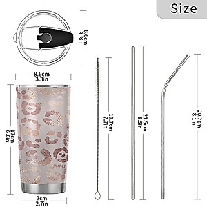 Leopard Print Cheetah Rose Gold Insulated Tumbler Cup with Straw Lid Vacuum Reusable Stainless Steel Water Bottle Coffee Travel Mug 20oz