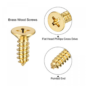 uxcell Brass Wood Screws, M5x16mm Phillips Flat Head Self Tapping Connector for Door Hinges, Wooden Furniture, Home Appliances 48Pcs