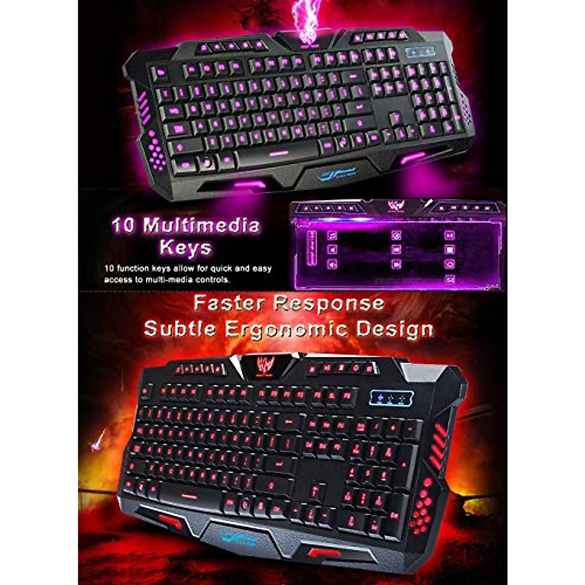 Tri-Color Backlit Gaming Keyboard USB Wired Floating Keyboard, Powered Full N-Key Game Keyboard, Quiet Ergonomic Water-Resistant Mechanical Feeling Keyboard,for Desktop, Computer, PC（Black）