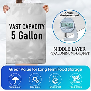 15 Mil 5 Gallon Mylar Bags for Food Storage with 2500cc Oxygen Absorbers - 55 Pack Mylar Bags 5 Gallon,1 Gallon,1 Quart 3 Size, 100 Pcs Labels and 500cc Oxygen Absorbers for Long Term Food Storage