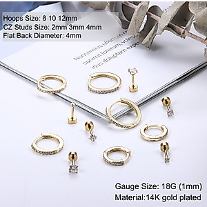 FASACCO 14K 8/10/12MM Flat Back Cartilage Earring Set for Multiple Piercing Tiny Cartilage Hoop Earrings Gold Dainty Flatback Cartilage Stud
