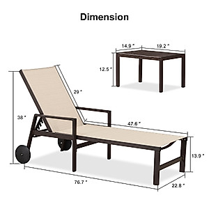 PURPLE LEAF Pool Lounge Chairs Set of 3 Aluminum Outdoor Lounge Chairs with Wheels and Armrests Adjustable Patio Lounge Chairs for Deck Outside Lawn Garden, Cream
