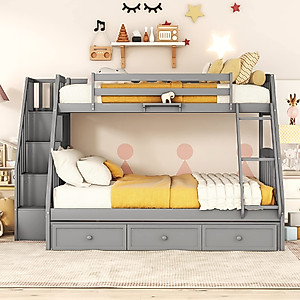 Bellemave Twin Over Full Bunk Bed with Stairs and Storage Drawers, Wood Bunk Bed Frame with Three Drawers and Shelves, Modern Detachable Bunked Frame for Kids Boys Girls Teens, Gray