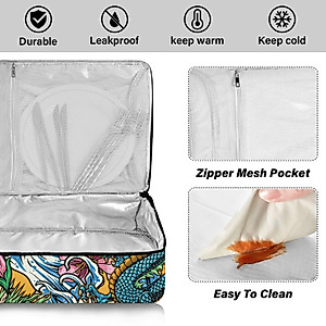 NFMILI Casserole Carrier for Hot and Cold Blue Japanese Dragon Print, Insulated Food Delivery Bag Reusable Warmer Carrier Bag with Inner Pocket Aesthetic Print 15.75×11.81×3.94 inch