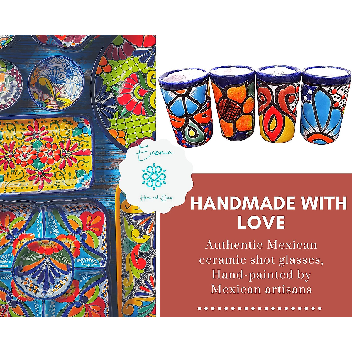 MEXTEQUIL - Talavera Shot Glasses Set of 4 Authentic Mexican Tequila Shot Glasses - Hand-painted - 2 Oz (Flowers)