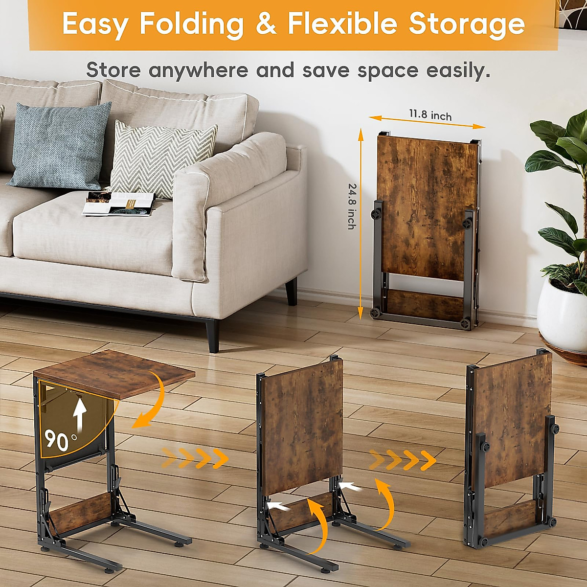 Kufutee Folding TV Tray Table, Small Folding Side Table with Storage Bag, Portable Sofa C Shaped End Table Couch Desk for Living Room Bedroom