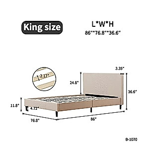 King Size Upholstered Platform Bed Frame with Tufted Headboard, Mattress Foundation for Boys Girls Teens Adults, No Box Spring Needed, Under Bed Storage (Beige, King)