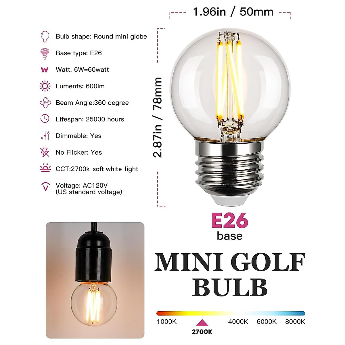 demovibe LED Globe Light Bulbs, G16.5 LED Bulb 60W, Dimmable Edison Bulbs Soft White 2700K, E26 Base Bulb 600 Lumen, Light Bulbs for Pendant, 6 Pack