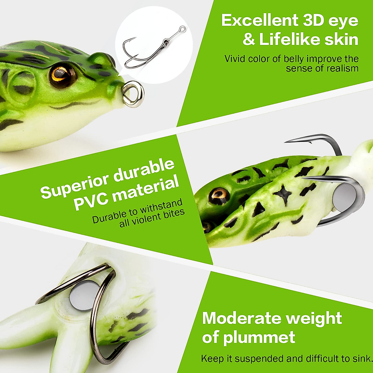 Topwater Frog Lure Bass Trout Fishing Lures Kit Set Realistic Prop Frog Soft Swimbait Floating Bait with Weedless Hooks for Freshwater Saltwater (Pack of 3-HC)
